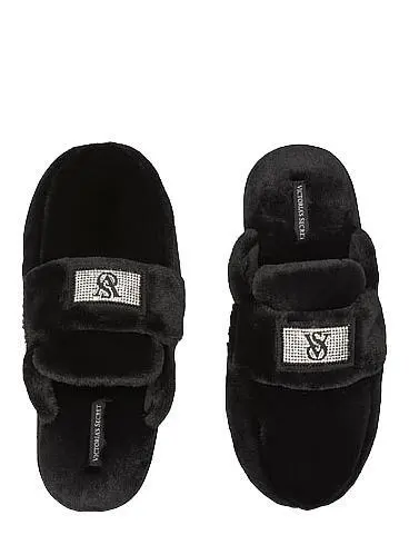 Victoria's Secret Luxe Plush Shine Patch Slide Slippers - Black