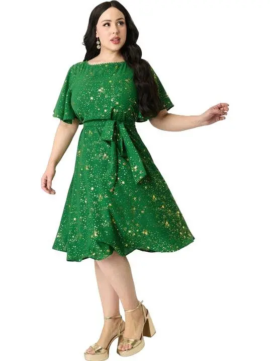 Unique Vintage 1930s Swing Dress - Green Gold Stars