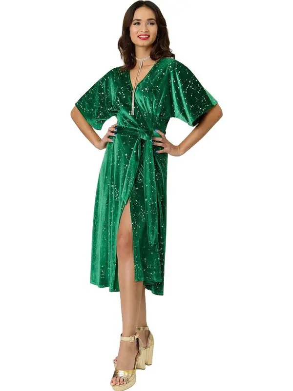 Unique Vintage Velvet Tie Wrap Surplice Midi Dress - Green & Silver