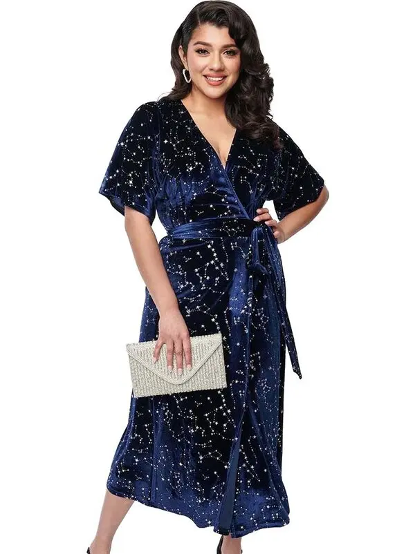 Unique Vintage Velvet Tie Wrap Surplice Midi Dress - Navy & Silver Stars