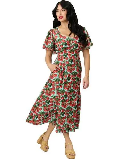 Unique Vintage Short Puff Sleeve Sweetheart Neck Godet Midi Dress - Blue W/tomato Print
