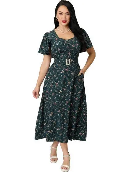 Unique Vintage Short Puff Sleeve Sweetheart Neck Godet Midi Dress - Teal Floral Print