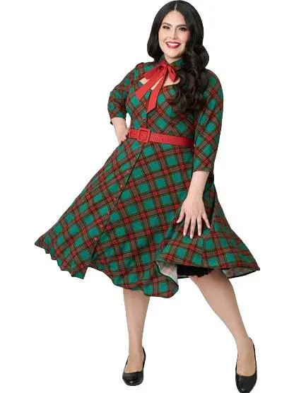 Unique Vintage Sweetheart Neck Swing Dress - Green Plaid