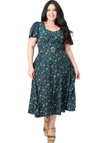 Unique Vintage Short Puff Sleeve Sweetheart Neck Godet Midi Dress - Teal Floral Print