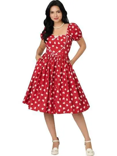 Unique Vintage Fit & Flare Dress With Puff Sleeves - Red W/white Heart Print