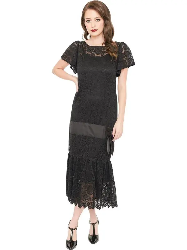 Unique Vintage 1920s Flapper Dress - Black Floral Lace