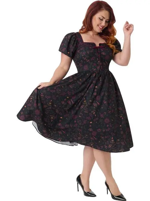 Unique Vintage 1940s Sweetheart Swing Dress - Black Mystical Icons