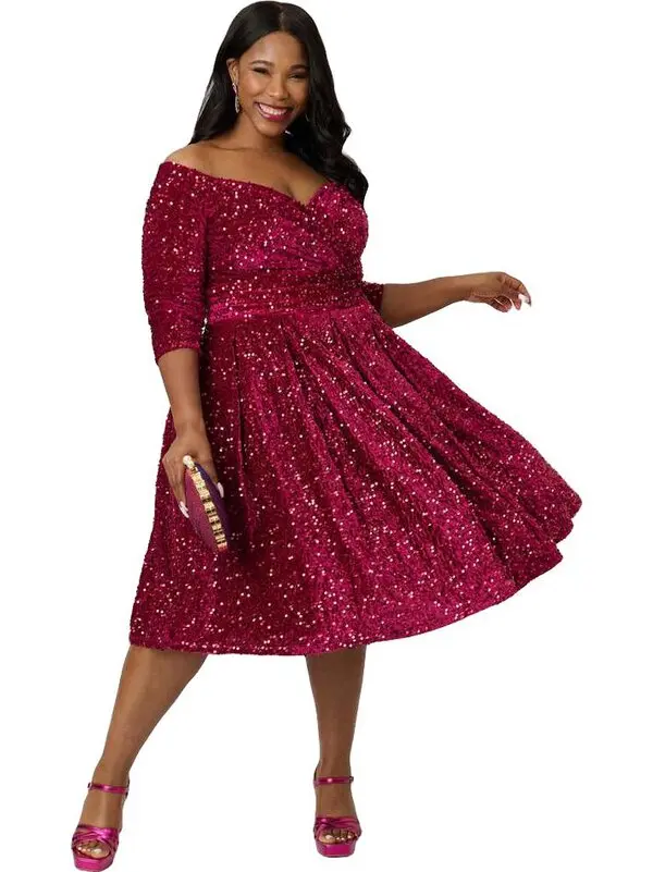 Unique Vintage Marceline Swing Dress - Burgundy Sparkle