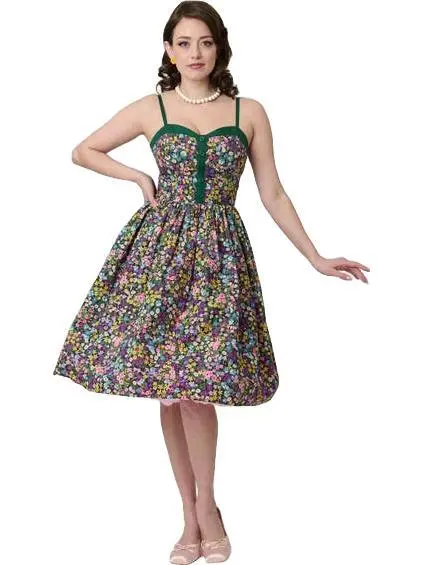 Unique Vintage 1950s Sleeveless Swing Dress - Green Ditzy Floral Print