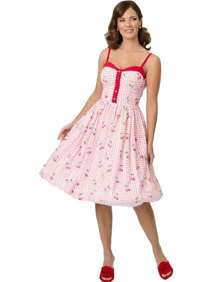 Unique Vintage 1950s Sleeveless Swing Dress - Red Gingham W/cherry Print