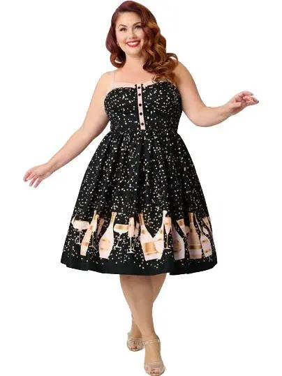 Unique Vintage 1950s Sleeveless Swing Dress - Black Champagne Print