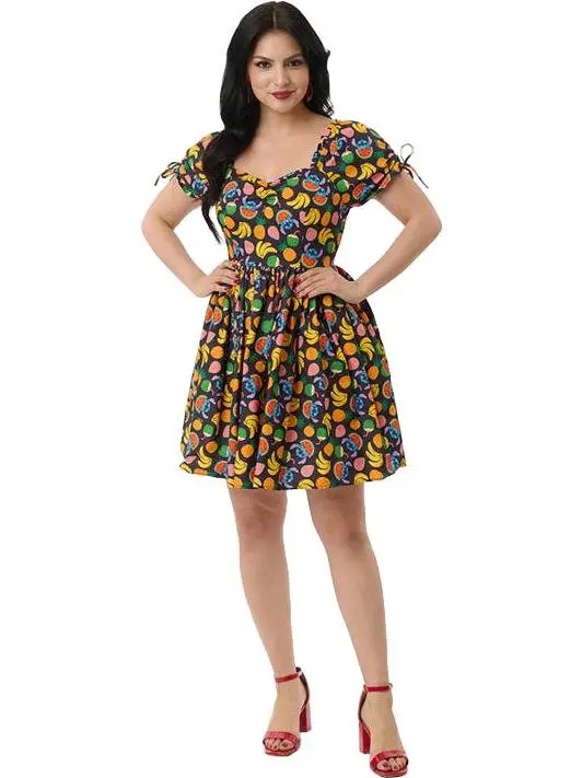 Unique Vintage Dakota Fit & Flare Dress - Black Stitch/fruit Print