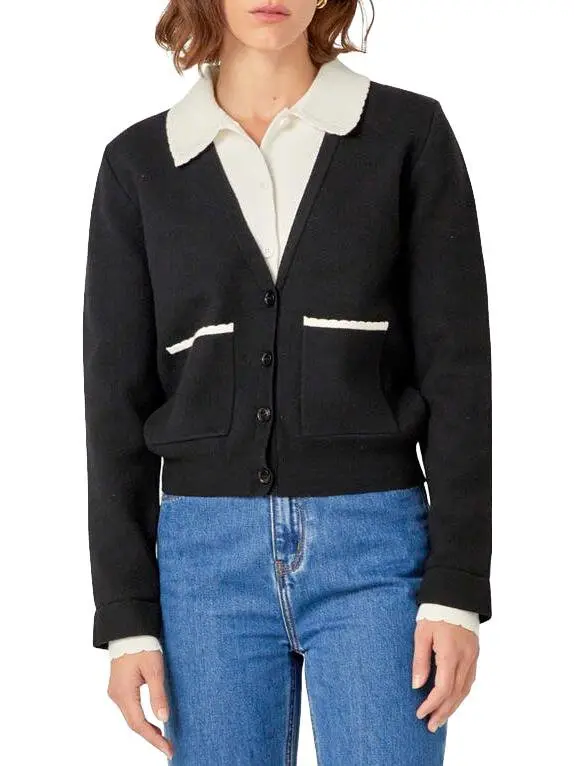 English Factory Scalloped Cardigan - Black/white