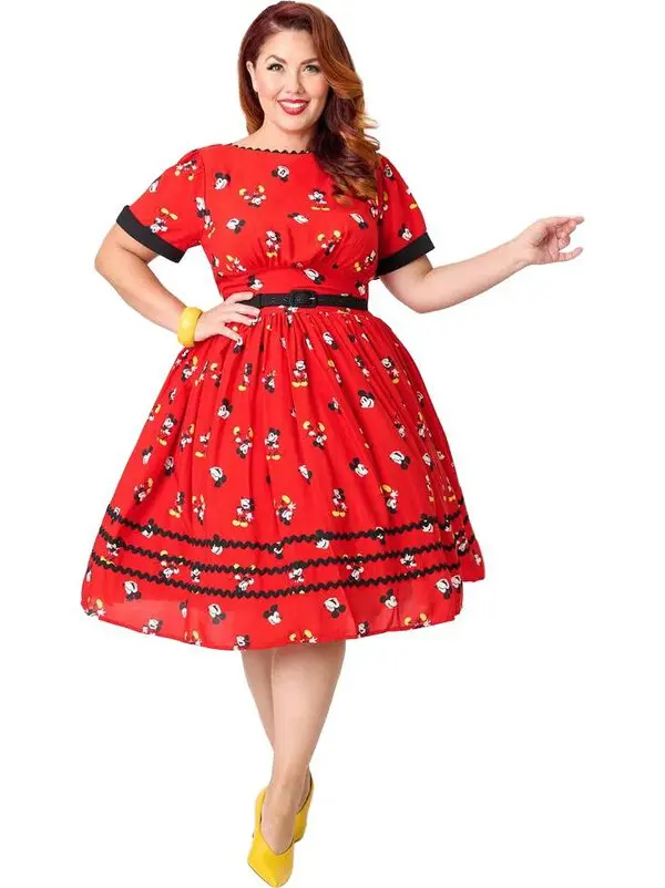 Unique Vintage Boatneck Swing Dress With Ricrac Detail - Red Mouse Print