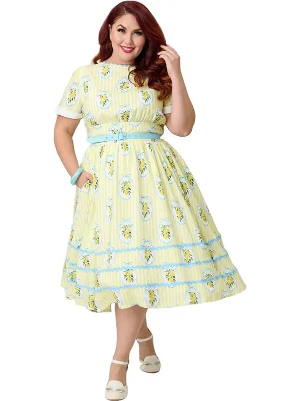 Unique Vintage Boatneck Swing Dress With Ricrac Detail - Yellow Stripe W/lemon Print