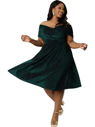 Unique Vintage Shirred Off Shoulder Swing Dress - Emerald