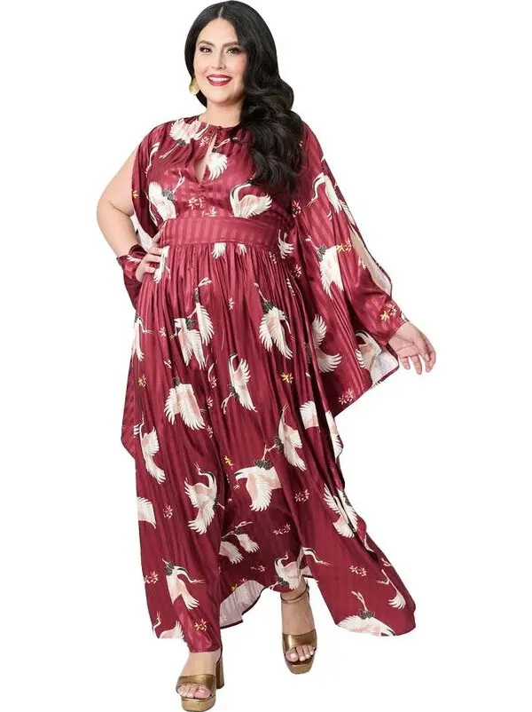 Unique Vintage 1960s Caftan - Burgundy Crane Print