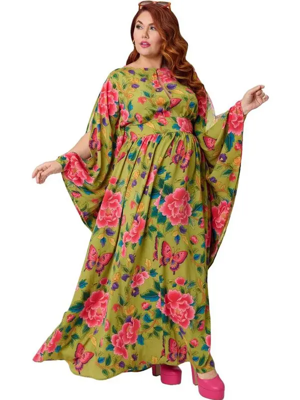 Unique Vintage 1960s Caftan - Green W/butterfly Print