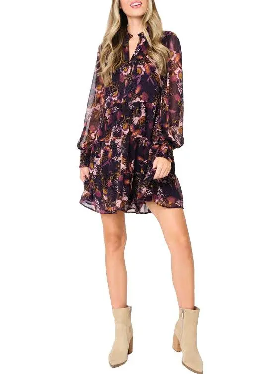 GIBSONLOOK Floral Long Sleeve Chiffon Babydoll Dress - Botanical Eggplant