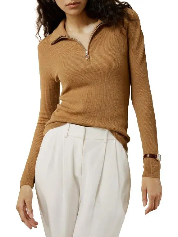 Lilysilk Gaia Ribbed Half Zip Merino Wool Sweater - Camel