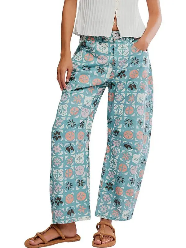 Free People We The Free Good Luck Leopard Barrel Leg Jeans - Jade Combo