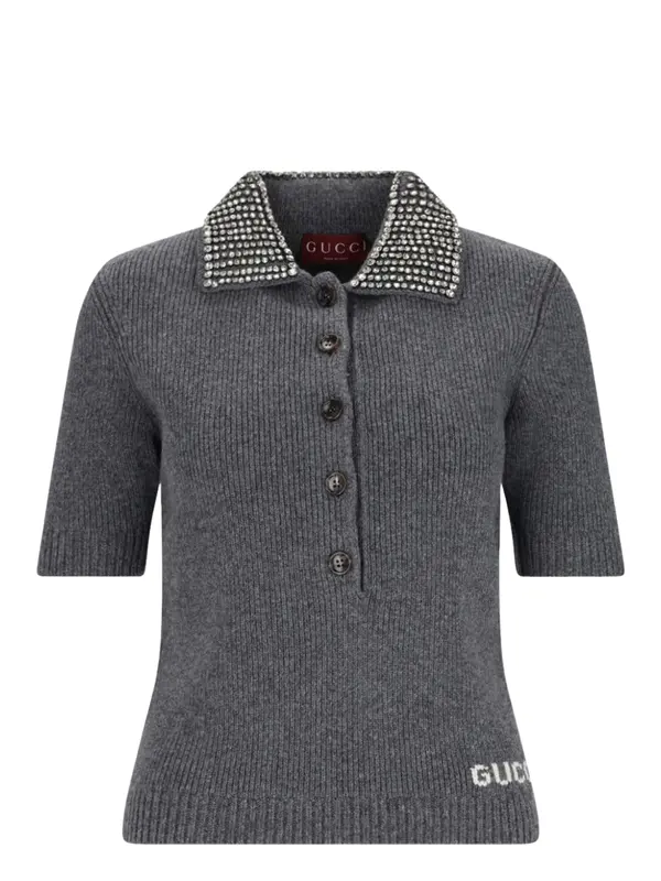 Gucci Ribbed Wool Polo Top - Grey