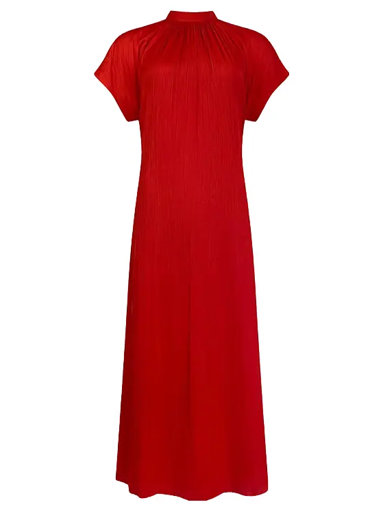 RO&ZO High-neck Short-sleeve Plisse Maxi Dress - Red