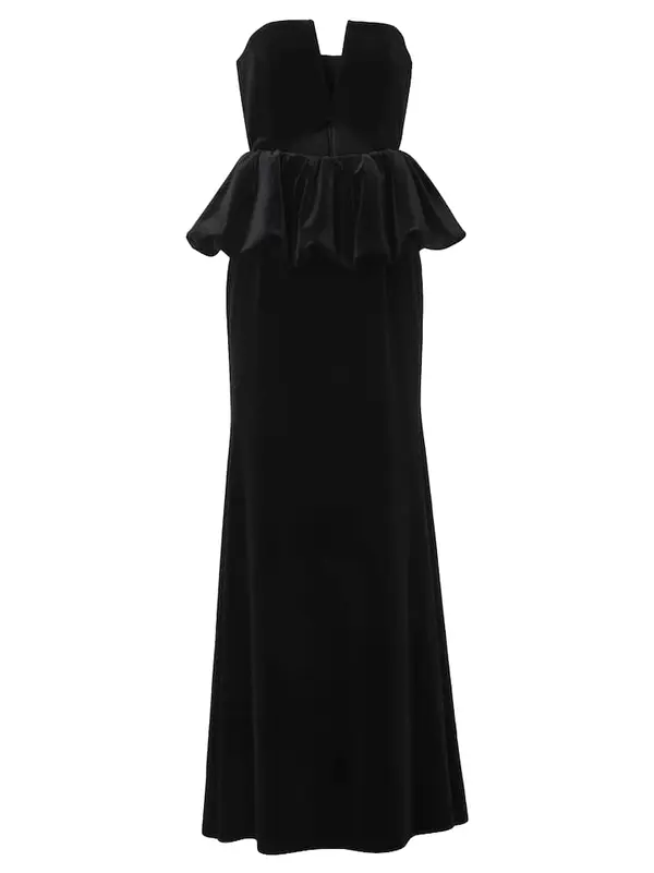 SELF-PORTRAIT Peplum Velvet Bustier Gown - Black