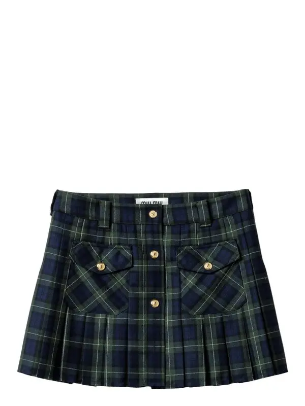 Miu Miu Pleated Tartan Miniskirt - Military Green
