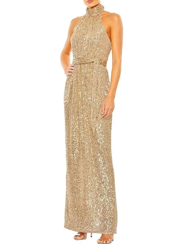 Mac Duggal Ieena Collection Sequined Halterneck Gown With Belt - Champagne