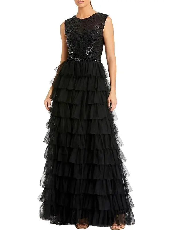 Mac Duggal Sequin Ruffle Tiered Gown - Black