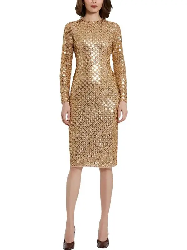 Mac Duggal Beaded Georgette Fitted Midi Dress - Antique Gold