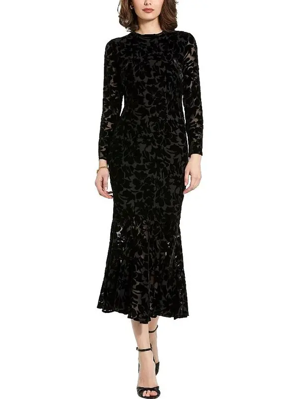 Mac Duggal Burnout Velvet Long Sleeve Midi Dress - Black