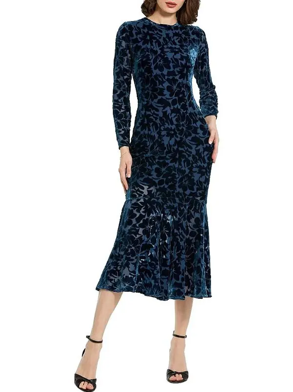 Mac Duggal Burnout Velvet Ruffle Hem Midi Dress - Deep Blue