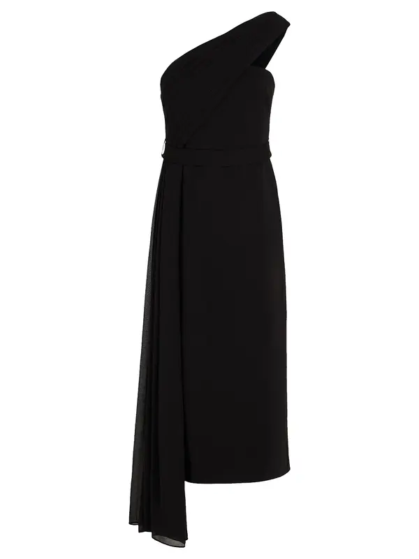 Badgley Mischka One-shoulder Draped Georgette And Stretch-crepe Midi Dress - Black