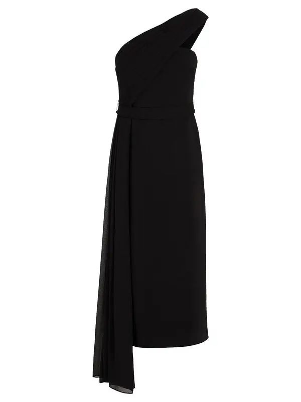 Badgley Mischka One-shoulder Draped Georgette And Stretch-crepe Midi Dress - Black