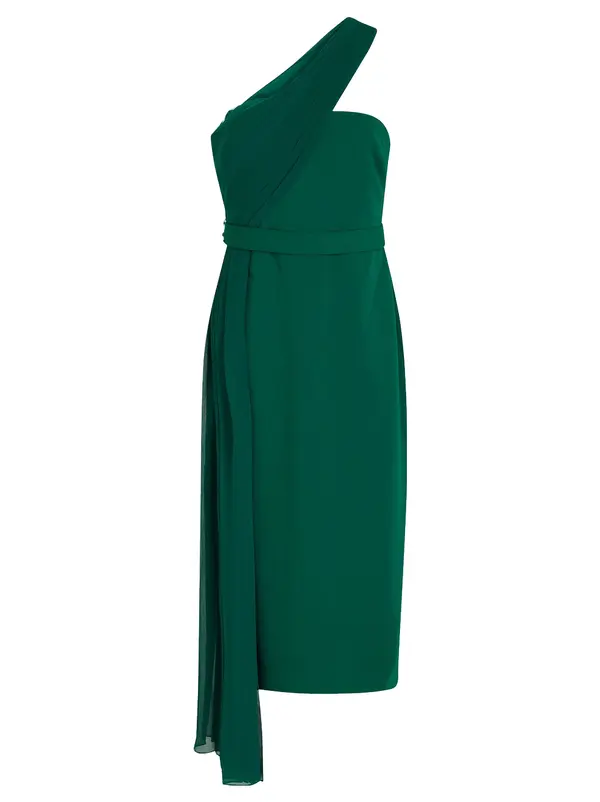 Badgley Mischka One-shoulder Draped Georgette And Stretch-crepe Midi Dress - Emerald