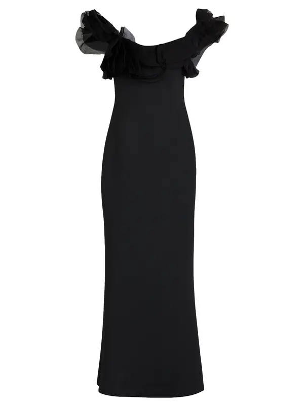 Badgley Mischka Ruffled Scuba Gown - Black