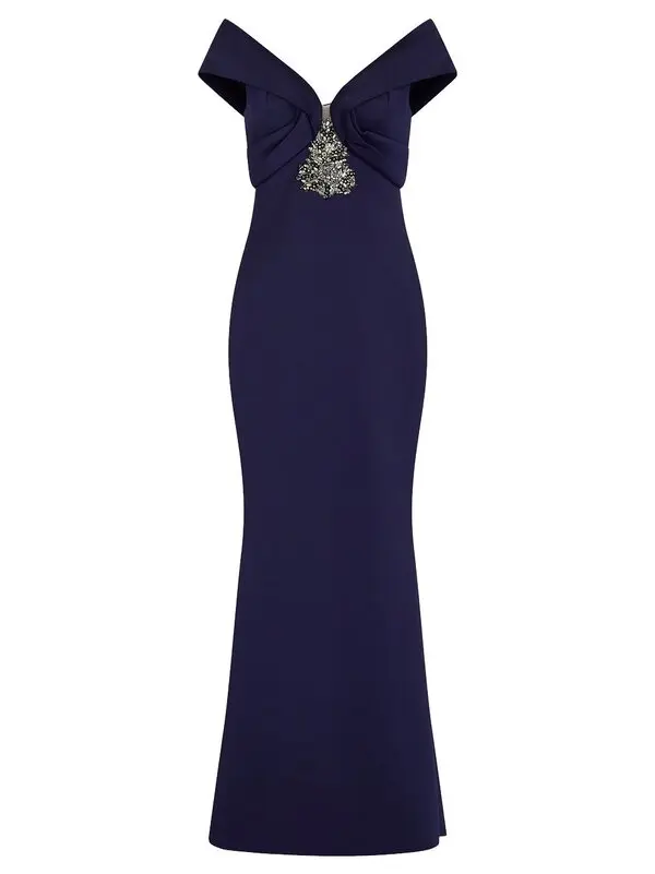 Badgley Mischka Embellished Draped Scuba Gown - Navy