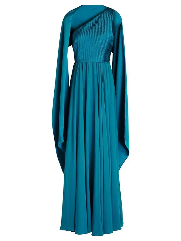 Badgley Mischka One-shoulder Paneled Gown With Scarf - Teal