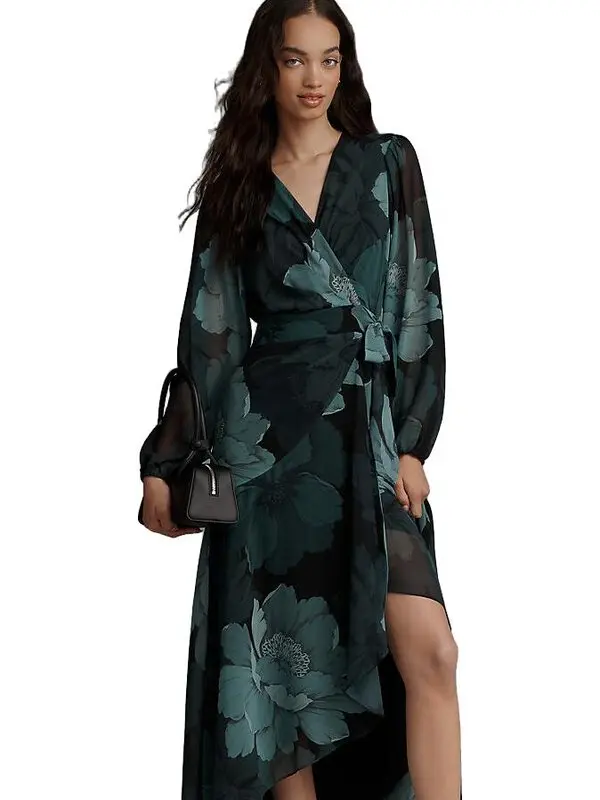 HUTCH Bridge Long-sleeve Wrap Maxi Dress - Green Pattern