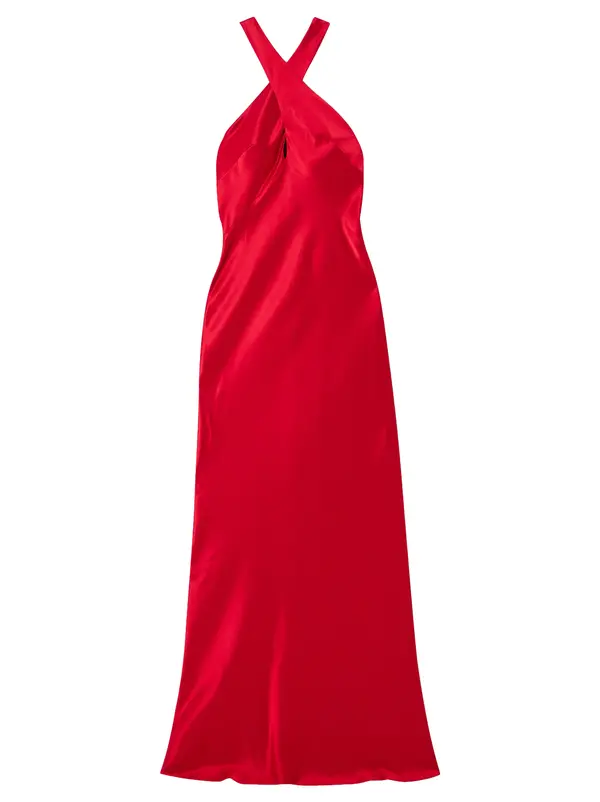 Galvan Net Sustain Evelyn Cutout Satin Halterneck Maxi Dress - Red