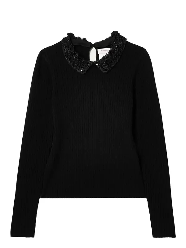 Carolina Herrera Convertible Embellished Crochet-trimmed Ribbed Wool Sweater - Black