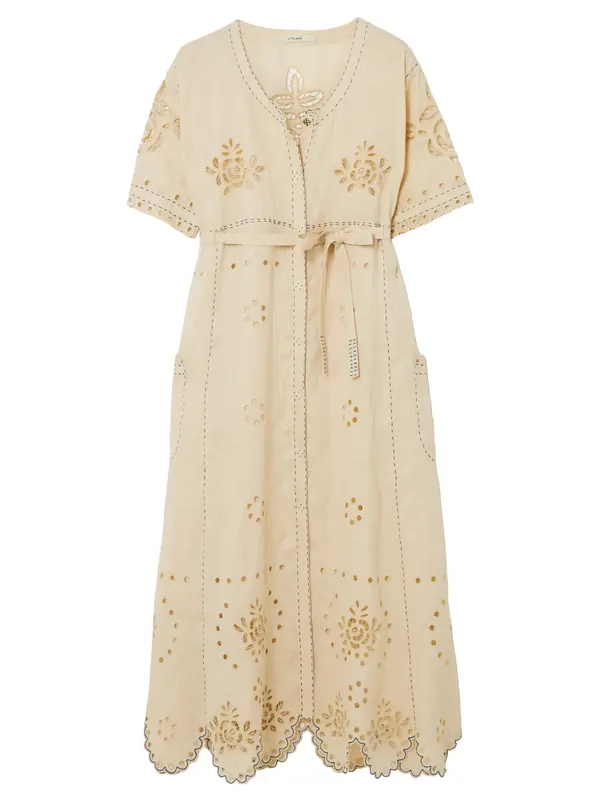 Vita Kin Colette Broderie Anglaise Linen Midi Dress - Neutrals