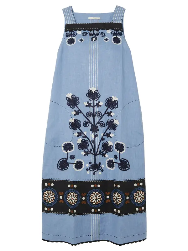 Vita Kin Ulya Embroidered Linen Midi Dress - Blue