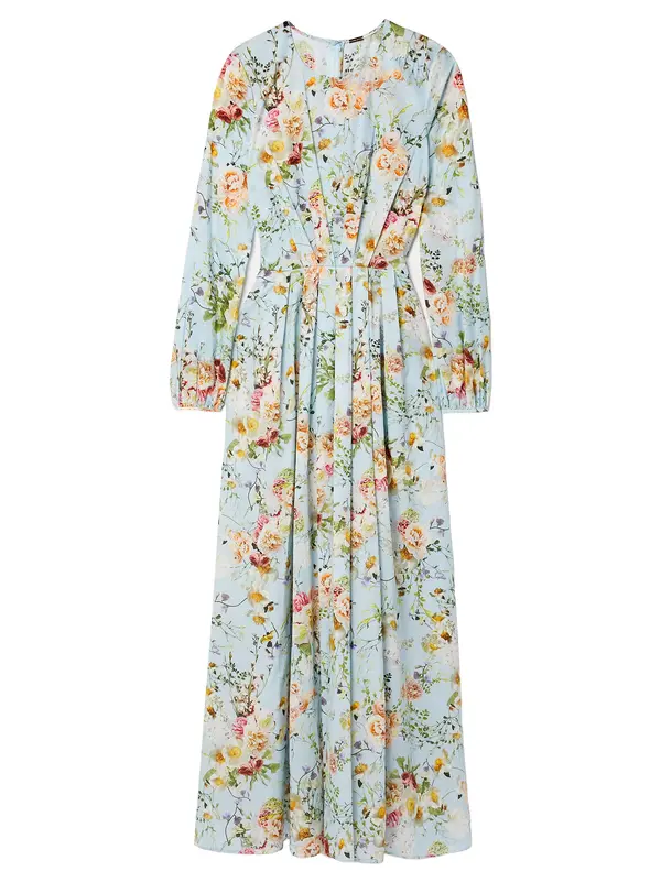 Adam Lippes Pleated Floral-print Maxi Dress - Blue