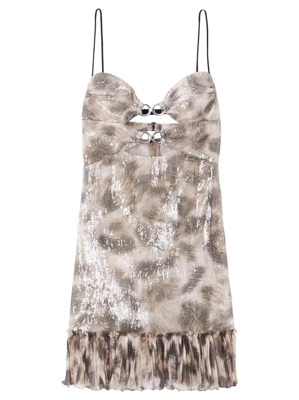 NENSI DOJAKA Leopard-print Sequined Chiffon Mini Dress - Neutrals