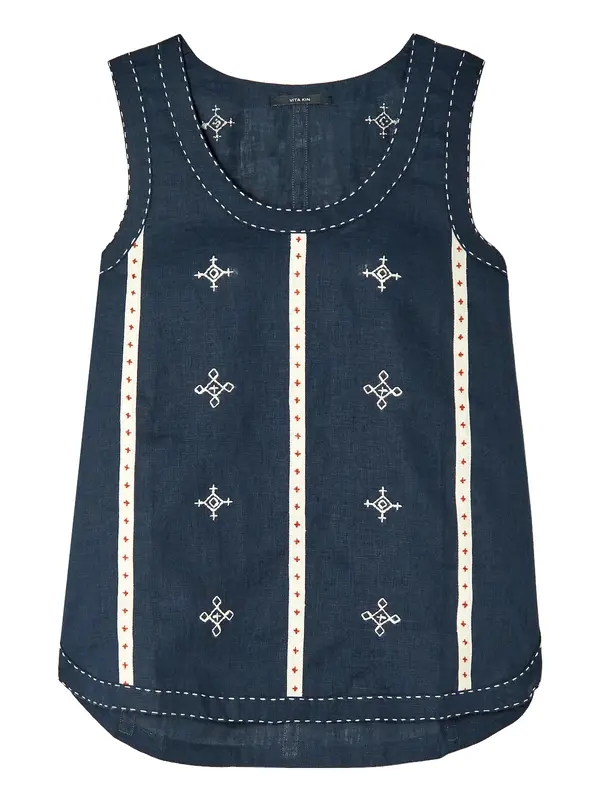 Vita Kin Gera Embroidered Linen Top - Blue
