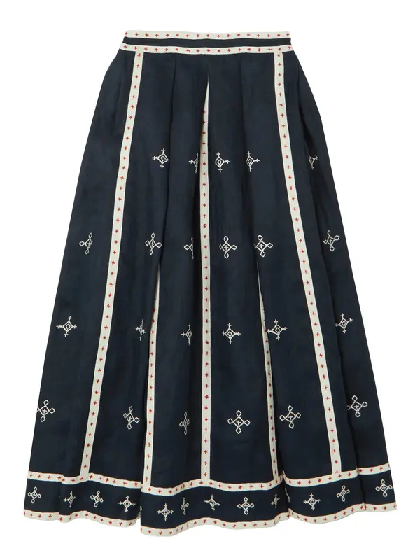 Vita Kin Gera Embroidered Linen Midi Skirt - Blue