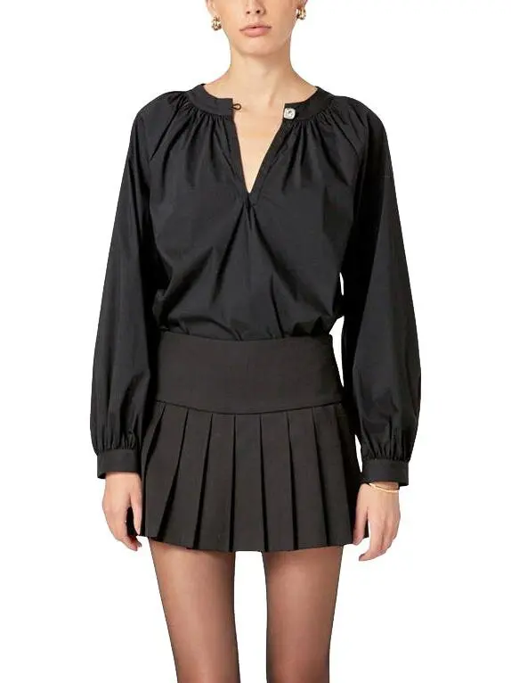 English Factory Rhinestone Button Shirred Top - Black